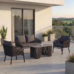 Gartengarnitur MCW-P90, Lounge-Set Gartenlounge Sofa Sessel Tisch, Seilgeflecht Rope Stoff/Textil (180g/m&sup2;) ~ anthrazit
