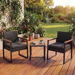 Poly-Rattan Garnitur MCW-P74, Lounge-Set Garten 2x Stuhl Tisch, Akazie Holz Stoff 180g/m&sup2; ~ schwarz, Polster grau