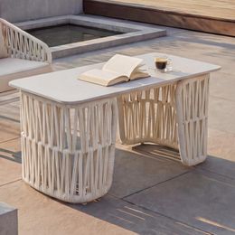 Loungetisch MCW-P90, Gartentisch Balkontisch Outdoor, Seilgeflecht Rope Sinterstein 43x90x45cm ~ creme, Platte creme