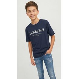 Jack & Jones T-Shirt JACK & JONES JUNIOR "JJDEVIN DAYTONA PRINT TEE SS CN JNR", Jungen, Gr. 128, navy blazer, Single Jersey, Obermaterial: 100% Baumwolle, bedruckt, unifarben, regular fit normal, Rundhals, Shirts T-Shirt, mit Logoprint