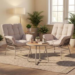 2er-Set Loungestuhl MCW-P75, Loungesessel Relaxstuhl, Stoff 220g/m&sup2; Poly-Rattan Metall ~ hellgrau, Polster beige