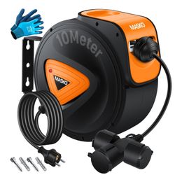 Masko&reg; Automatik Kabeltrommel Verl&auml;ngerungskabel mit 3-Fach Anschluss 180&deg; drehbar 1,5m Zuleitung Wandhalterung Werkstatt Kabelaufroller Automatisch Stromtrommel Schlauchaufroller Inkl. Handschuhe