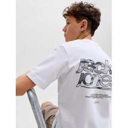 Jack & Jones T-Shirt JACK & JONES JUNIOR "JCOBREEZE BACK PRINT TEE SS CN EA26 JNR", Jungen, Gr. 152, hellwei&szlig;, Single Jersey, Obermaterial: 40% Baumwolle, 38% Polyester, 22% Elastomultiester, bedruckt, regular fit normal, Rundhals, Shirts T-Shirt