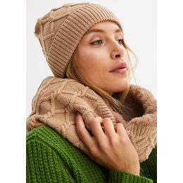 bonprix Schal und M&uuml;tze (2-tlg.Set), beige, Gr.Onesize, Strickset im schlichten Design
