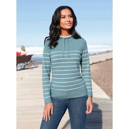 WITT Damen Stehkragenpullover mit sportiven Details, jade-ecru-geringelt, Gr&ouml;&szlig;e 38