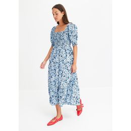 bonprix Midikleid aus reiner Viskose, blau, Gr.46, feminines Midikleid mit floralem Print.