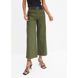 bonprix Wide Leg Hose High Waist Bequembund, gr&uuml;n, Gr.36, L&auml;ssige Culotte aus Twill mit 7/8 Bein und aufgesetzten Taschen, 98% Baumwolle