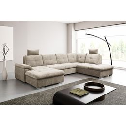 Wohnlandschaft WERK2 "Arena, B/T: 339/220 cm breit, moderner, einladender Sitzkomfort", beige, B:339cm H:102cm T:220cm, 100% Polyester, Sofas, Wohnlandschaft, 2x Kopfst&uuml;tzen, Schlaffunktion und Bettkasten, U-Form
