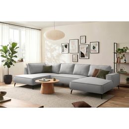 Wohnlandschaft Home Affaire "TVINNU, moderne U-Form, Couch in Cord oder Webstoff in Leinenoptik", silbergrau, B:354cm H:83cm T:193cm, Sofas, Wohnlandschaft, Recamiere rechts/links, schwarze Metallf&uuml;&szlig;e, bequeme Sitz-/Liegefl&auml;che