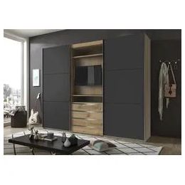 Schwebet&uuml;renschrank wimex "Magic by fresh to go", grau (plankeneiche nachbildung, graphit), B:300cm H:236cm T:65cm, Schr&auml;nke, Schwebet&uuml;renschrank, tolles EXTRA: mit drehbarem TV-Element, mittig mit Schubladen