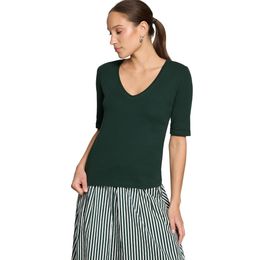 Kurzarmshirt Zero "Damen Shirt mit V-Ausschnitt", Damen, Gr. 34, gr&uuml;n (gr&uuml;n forest), Obermaterial: 95% Baumwolle, 5% Elasthan, Basic, figurbetont normal, V-Ausschnitt, Shirts, Aufschlag / Krempel