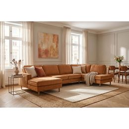 Wohnlandschaft Home Affaire, B:349cm H:89cm T:206cmbrick rot, 100% Polyester, Sofas, "Pinto Skandi, 350 cm, U-Form, XXL, mit Ottomanen", mit Keder,