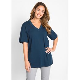 bonprix Damen Longshirt "Weites Long-Shirt mit V-Ausschnitt, Kurzarm (5er Pack)", bunt, Gr. 52, mehrfarbig, unifarben, Jersey, Obermaterial: 90%