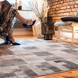 Teppich Kayoom, B:120cm H:9mm L:170cmgrau, Viskose, Wohnzimmer, Teppiche, "Elles 214", Kurzflor, Vintage, Modernes Muster, Deko, Viskose