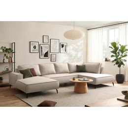 Wohnlandschaft Home Affaire "TVINNU, moderne U-Form, Couch in Cord oder Webstoff in Leinenoptik", hellbeige, B:354cm H:83cm T:193cm, Sofas, Wohnlandschaft, Recamiere rechts/links, schwarze Metallf&uuml;&szlig;e, bequeme Sitz-/Liegefl&auml;che
