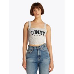 Tommy Jeans Damen Smoktop "TJW SMOCK VARSITY BRALETTE", beige, Gr. M, Smok-Optik, Jersey, Obermaterial: 100% Baumwolle, Tops, in Smok-Optik