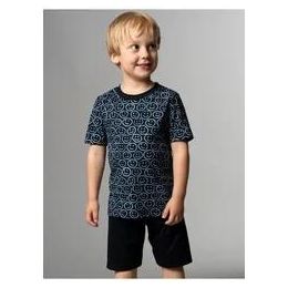 Schlafanzug TRIGEMA "TRIGEMA Kurzer Schlafanzug mit Smiley-Motiv", Jungen, Gr. XS, blau (navy), Single Jersey, 100% Baumwolle, Rundhals, Homewear-Sets Schlafanzug