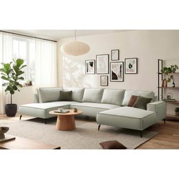 Wohnlandschaft Home Affaire "TVINNU, moderne U-Form, Couch in Cord oder Webstoff in Leinenoptik", hellgr&uuml;n, B:354cm H:83cm T:193cm, Sofas, Wohnlandschaft, Recamiere rechts/links, schwarze Metallf&uuml;&szlig;e, bequeme Sitz-/Liegefl&auml;che