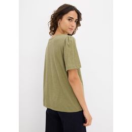bonprix Damen T-Shirtoliv, Gr. 48, unifarben, Jersey, Obermaterial: 100% Baumwolle, Shirts, lockere Passform, weite &Auml;rmel mit dezenter Raffung an der