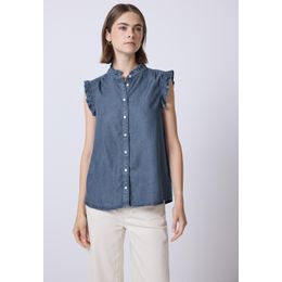 Damen Kurzarmbluse, blau, Gr. 44, STREET ONE STUDIO, unifarben, Web, 55% Baumwolle, 21% Polyester, 14% Lyocell, 9% Viskose, 1% Elasthan, Blusen, in
