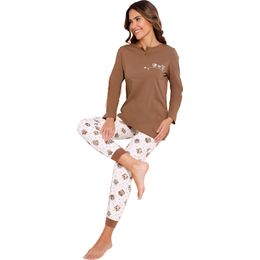 Damen Schlafanzug Hose allover mit Eulen-Druck braun-ecru-bedruckt, Gr&ouml;&szlig;e 36/38