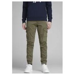 Jack & Jones Cargohose JACK & JONES JUNIOR "JPSTPAUL JJFLAKE AKM 542 OLIVE NOOS JNR", Jungen, Gr. 152, N-Gr, gr&uuml;n (olive night), Web, Obermaterial: 98% Baumwolle, 2% Elasthan, unifarben, slim fit lang, Hosen Cargohose