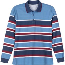 Herren Langarm-Poloshirt im Ringel-Dessin mittelblau-dunkelrot-geringelt, Gr&ouml;&szlig;e 44/46