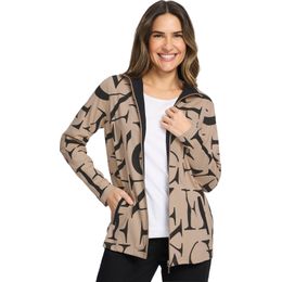 Damen Shirtjacke mit Lettering-Druck beige-schwarz-bedruckt, Gr&ouml;&szlig;e 56