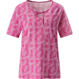 Damen Kurzarmshirt mit Bindeband fuchsia-ecru-bedruckt, Gr&ouml;&szlig;e 48