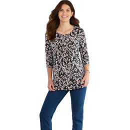 Damen Longshirt im Bl&uuml;ten-Dessin schwarz-papaya-bedruckt, Gr&ouml;&szlig;e 50