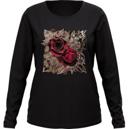Damen Langarmshirt mit platziertem Rosen-Leo-Print schwarz, Gr&ouml;&szlig;e 42