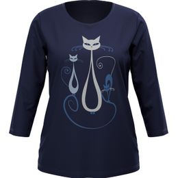 Damen 3/4-Arm-Shirt mit Katzen-Druck marine-jeansblau-bedruckt, Gr&ouml;&szlig;e 52