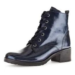 Schn&uuml;rstiefelette Gabor "Tunis", Damen, Gr. 39, blau (dunkelblau), Lackleder, gl&auml;nzend, Schuhe Schn&uuml;rstiefelette, Blockabsatz, Schn&uuml;rboots, Komfortschuh mit Anziehlasche, G-Weite