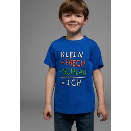 Kidsworld Jungen T-Shirt "Mit Spruch: KLEIN+FRECH+SCHLAU...", blau, Basic, Gr. 104, bedruckt, Jersey, Obermaterial: 100% Baumwolle, Shirts, Kurzarm,