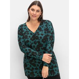 sheego Damen Langarmshirt "Langarmshirt", gr&uuml;n, Gr. 50, gebl&uuml;mt, gemustert, 95% Viskose, 5% Elasthan, Shirts