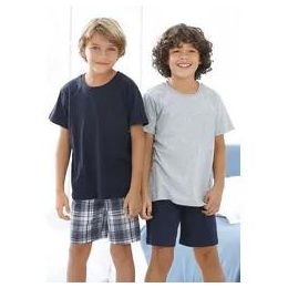 Pyjama Le Jogger, Jungen, Gr. 146/152, blau (marine, grau, meliert), Jersey, Obermaterial: 100% Baumwolle, kariert, unifarben, Basic, bequem kurz, Rundhals, abgesteppte Kante, Homewear-Sets Pyjama, Hose 1x uni und 1x kariert