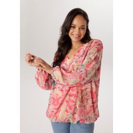 Schlupfbluse ANISTON PLUS, Damen, Gr. 48, gelb, rose, pink, Chiffon, Obermaterial: 100% Polyester. Futter: 95% Viskose, 5% Elasthan, gebl&uuml;mt, gemustert, V-Ausschnitt, mit Gummizug, Blusen Schlupfbluse, mit Blumendruck - NEUE KOLLEKTION
