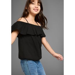 Kidsworld M&auml;dchen T-Shirt "Volant-Shirt", schwarz, Gr. 176, unifarben, Single Jersey, Obermaterial: 100% Baumwolle, Shirts, Kurzarm, weite Passform,