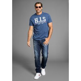 H.I.S. H.I.S Herren T-Shirt, blau, Gr. L, bedruckt, Single Jersey, Obermaterial: 100% Baumwolle, Shirts, mit trendigem Markenlogo im Collage-Look