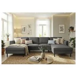 Wohnlandschaft Home Affaire "Booster II, whlw. mit Schlaffunktion & Bettkasten, Fu&szlig; schwarz", grau (grannit grau), B:305cm H:83cm T:161cm, 88% Polyester, 12% Nylon, Sofas, Wohnlandschaft, Sofa in U-Form, Breite 305 cm, in Cord oder Struktur LEO o. LINO
