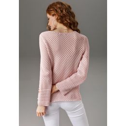 Aniston CASUAL Damen Rundhalspullover, rosa, Gr. 48, unifarben, Feinstrick, Obermaterial: 100% Baumwolle, Pullover, mit trendig gemixten Ajour-Mustern