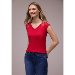 Street One Damen Shirttopsalsa rot, Gr. 38, unifarben, Jersey, Obermaterial: 50% Baumwolle, 50% Modal, Tops, mit gerundetem V-Ausschnitt und