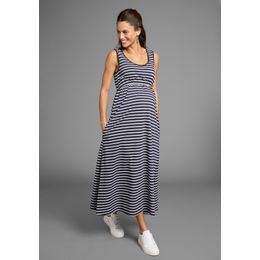 Neun Monate Damen Umstandskleid "Langes Schwangerschaftskleid", blau, Gr. 44, geringelt, Single Jersey, Obermaterial: 95% Baumwolle, 5% Elasthan,