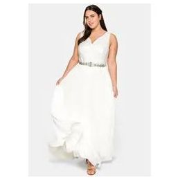 Abendkleid sheego "Abendkleid", Damen, Gr. 54, Normalgr&ouml;&szlig;en, wei&szlig; (sanftes wei&szlig;), 100% Polyester, Unterrock:55% Baumwolle, 45% Polyester, unifarben, lang, herzf&ouml;rmiger Ausschnitt, Kleider Abendkleid
