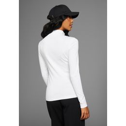 DELMAO Damen Langarmshirt, wei&szlig;, Gr. 48, bedruckt, clean, unifarben, Rippware, Obermaterial: 100% Baumwolle, Shirts, mit Troyer-Kragen