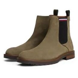 Chelseaboots Tommy Hilfiger "CLEATED HILFIGER SUEDE CHELSEA", Herren, Gr. 43, khaki, Elastischer Einsatz, Veloursleder, used, Schuhe Chelseaboots, Blockabsatz, Stiefelette, Businessschuh in schmaler Form