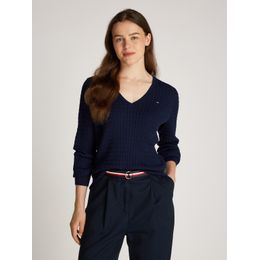 Tommy Hilfiger Damen Strickpullover "CO CABLE FINE GG V-NK LS SWT", blau, Gr. L, unifarben, Strick, Obermaterial: 100% Baumwolle, Pullover,