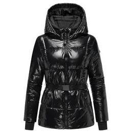 Steppjacke Navahoo "Eisglanz 14", Damen, Gr. L (40), schwarz, Obermaterial: 100% Nylon. Innenfutter: 100% Polyester. Wattierung: 100% Polyester. &Auml;rmelfutter: 100% Polyester, figurumspielend Po-bedeckend, hoch geschlossener Ausschnitt, elastischer Bund mit Daumenl&ouml;chern, Jacken Steppjacke, Gl&auml;nzende Damen Winterjacke mit Tailleng&uuml;rtel