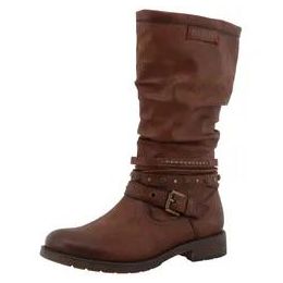 Winterstiefel Mustang SHOES "Elfi", Damen, Gr. 38, Normalschaft, braun (cognac), Lederimitat, Basic, Schuhe Winterstiefel, Stiefel mit Zierriemchen und Blockabsatz