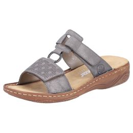 Rieker Damen Pantolette, Gr. 41, grau, Lederimitat, metallic, Schuhe, Sommerschuh, Schlappen, Urlaubschuh, Klettschuh mit Perforation